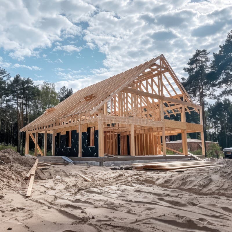 Wooden Frame Construction with Truss, Posts, Beams in New House ...