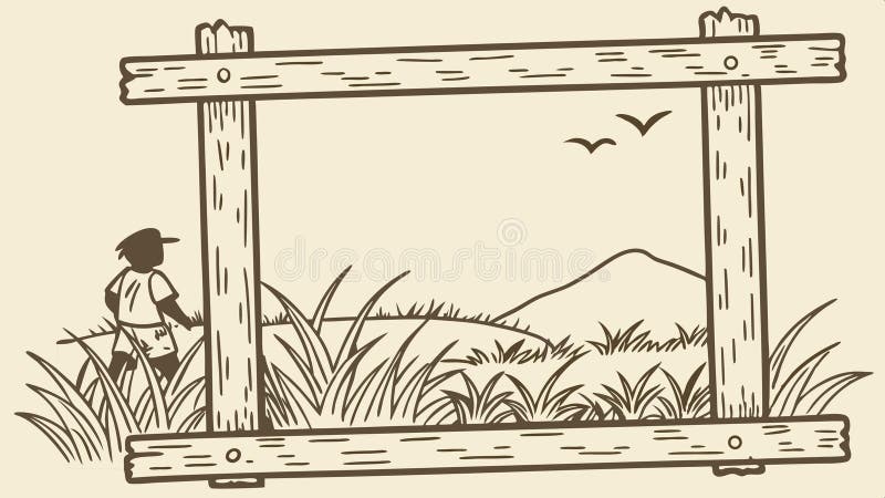 Wooden Frame in Field, Rustic Nature Landscape Border Vector Design ...