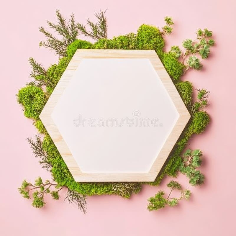 Wooden Frame with Green Moss on Pink Background. Top View Stock ...