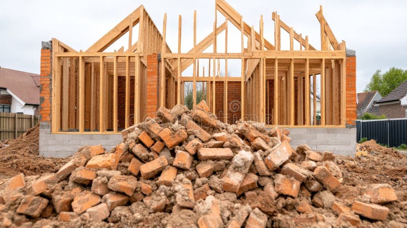 Wooden Frame House Under Construction with Exposed Framework and Pile ...