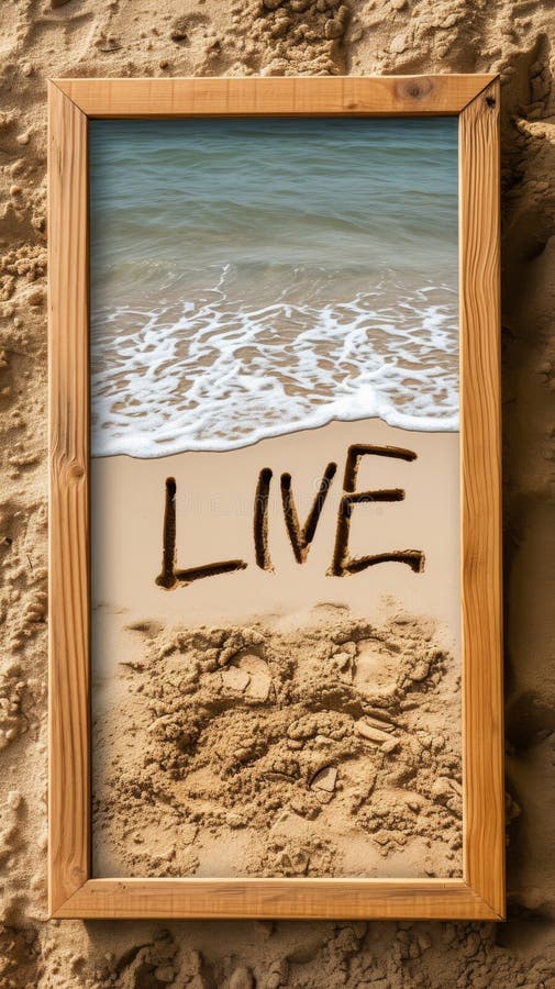 Wooden Frame on Sandy Beach with Live Written in the Sand ...