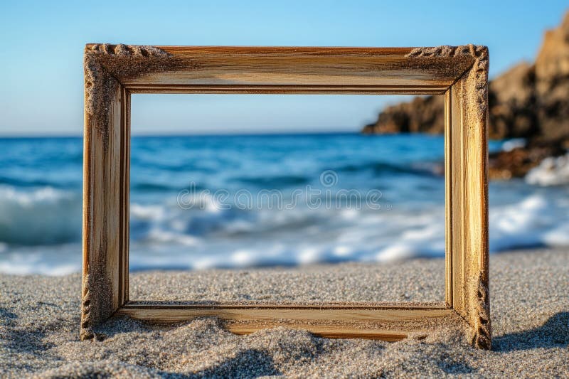 Wooden Frame Standing on a Sandy Beach Framing a Beautiful Ocean View ...