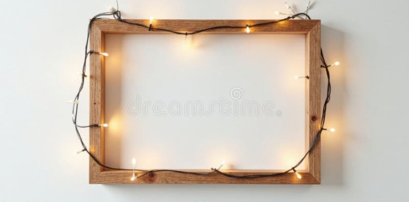 Wooden Frame with String Lights, Hanging, White Background , Vintage, Cozy Stock Illustration ...