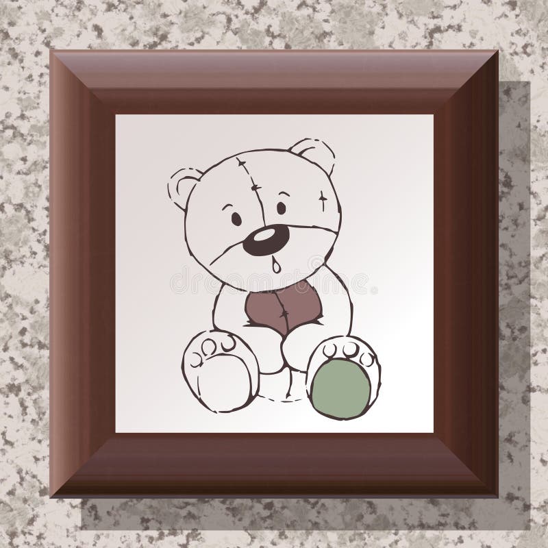 Wooden Frame on Textured Wall with Teddy Bear Drawing Stock ...