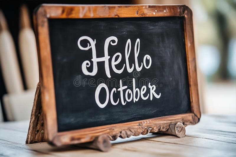 A Wooden Framed Chalkboard with Hello October Written in White Cursive ...