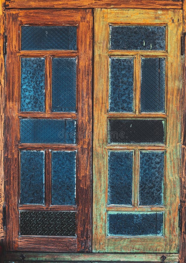 Wooden Framed Windows and Stained Glass Decorated in Retro Style Stock ...