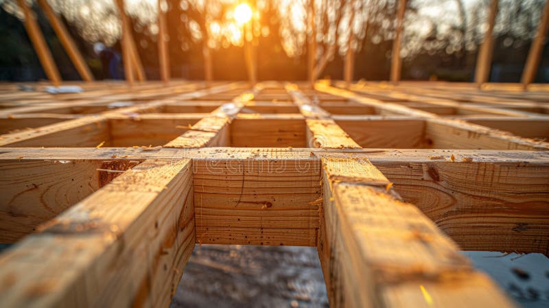 Wooden Framework for a Building Under Construction at Sunrise Stock ...