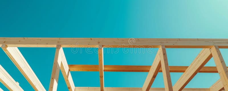 Wooden Framework of House Against Clear Blue Sky, Construction and ...