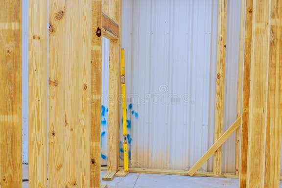 Wooden Framing Construction Area Showing Vertical Beams Level Tool ...
