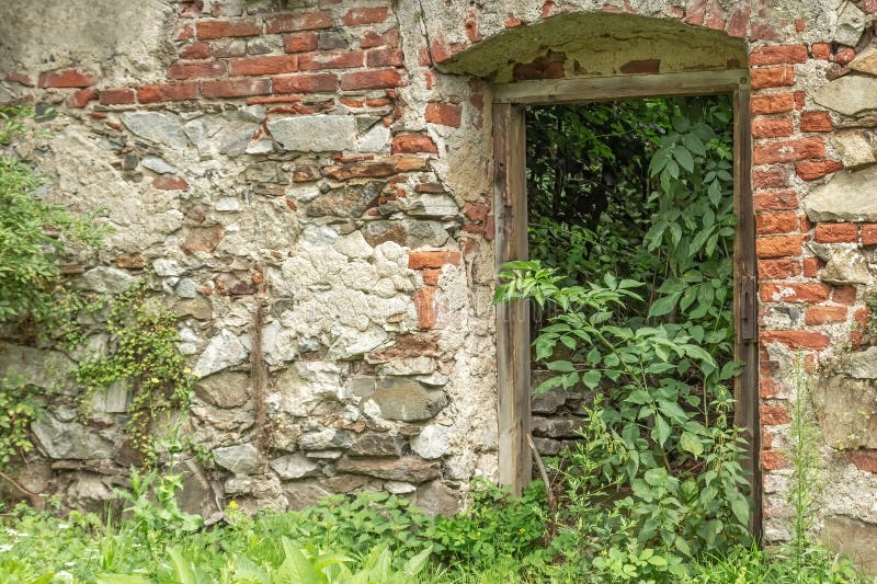 Wooden Freame in Old Brick and Stone Wall Background Stock Photo ...