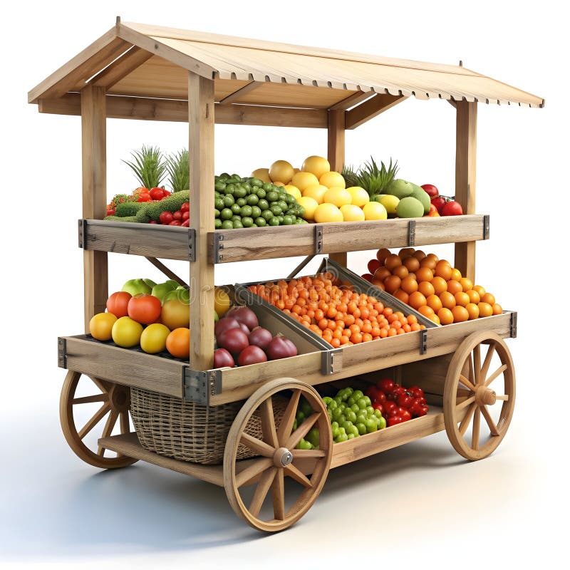 Wooden Fruit Cart Display with Fresh Produce on White Stock ...