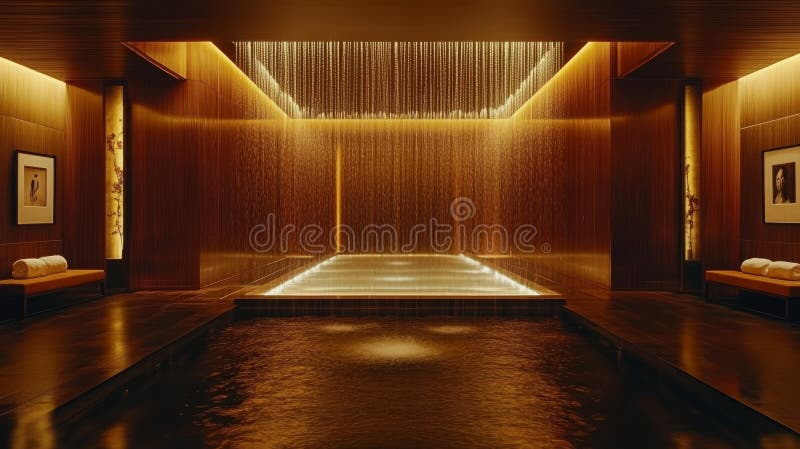 Wooden Gallery Installation Featuring Illuminated Glass Columns Stock ...