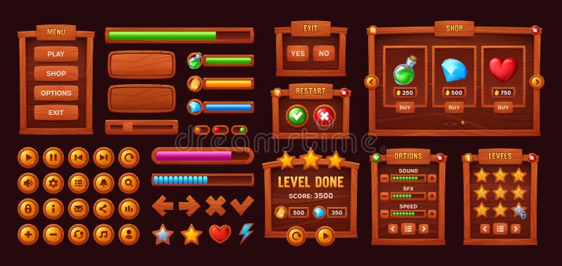 Wooden Game Interface Buttons, Bars or Menu Panels Stock Illustration ...
