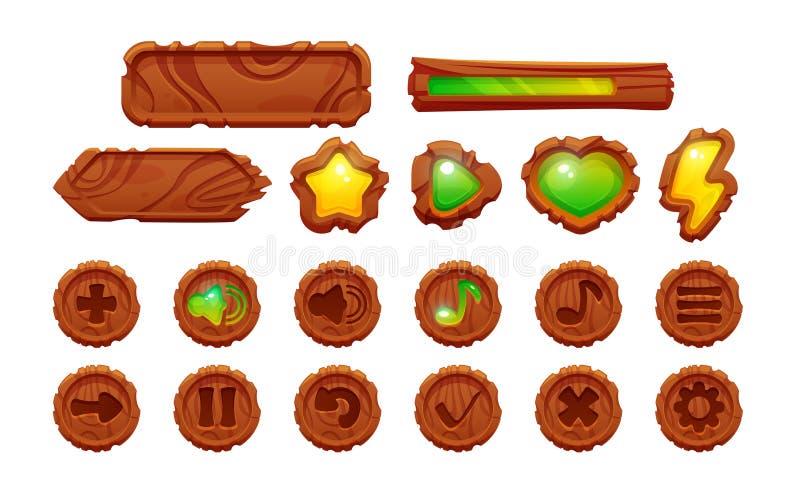 Wooden Game Ui Design Elements for Videogame Menu. Stock Illustration ...