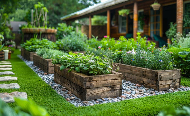 Wooden Garden Boxes with Plants in Garden Stock Photo - Image of ...