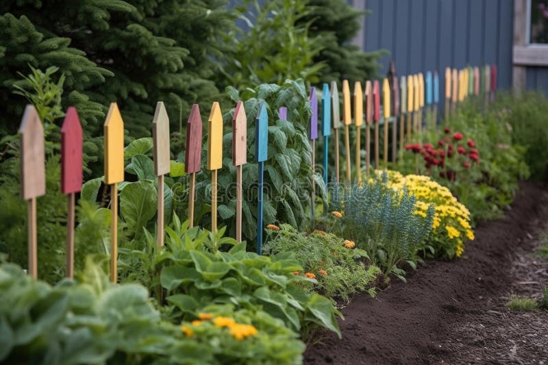 Wooden Garden Markers Labeling Rows of Different Vegetables Stock ...
