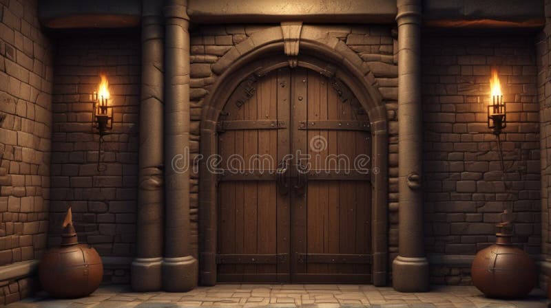 Wooden Gate in the Basement of a Fortress Surrounded by Torches, Middle ...