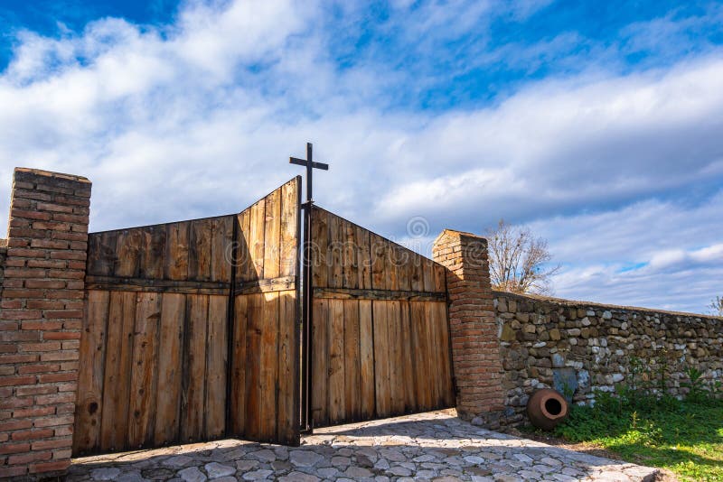 Wooden Gate of the Old Church with a Cross Stock Image - Image of ...