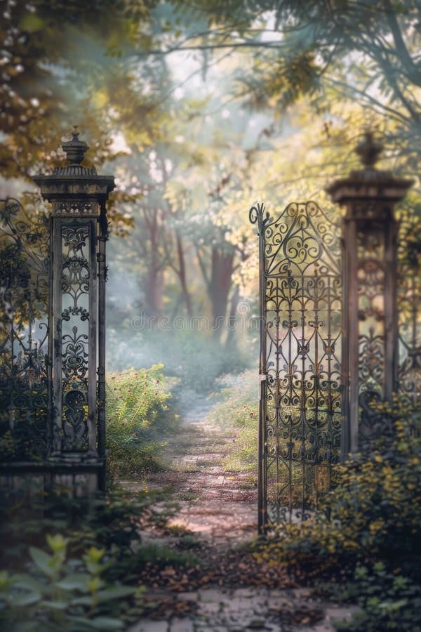 A Wooden Gate Standing Tall in a Dense Forest with Lush Green Trees and ...