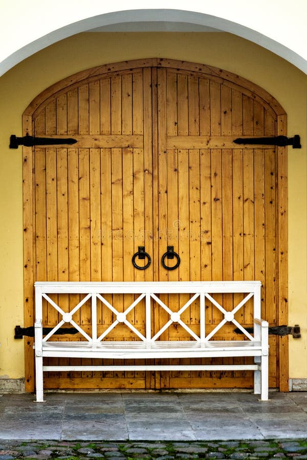 Wooden Gates with White Bench Stock Image - Image of composition ...