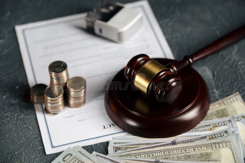 Wooden Gavel, Money and Contract on the Desk Stock Photo - Image of ...