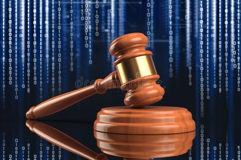 Wooden Gavel on Reflective Surface, Digital Binary Code Backdrop, Law ...