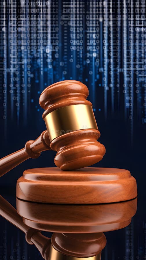 Wooden Gavel on Reflective Surface, Digital Binary Code Backdrop, Law ...