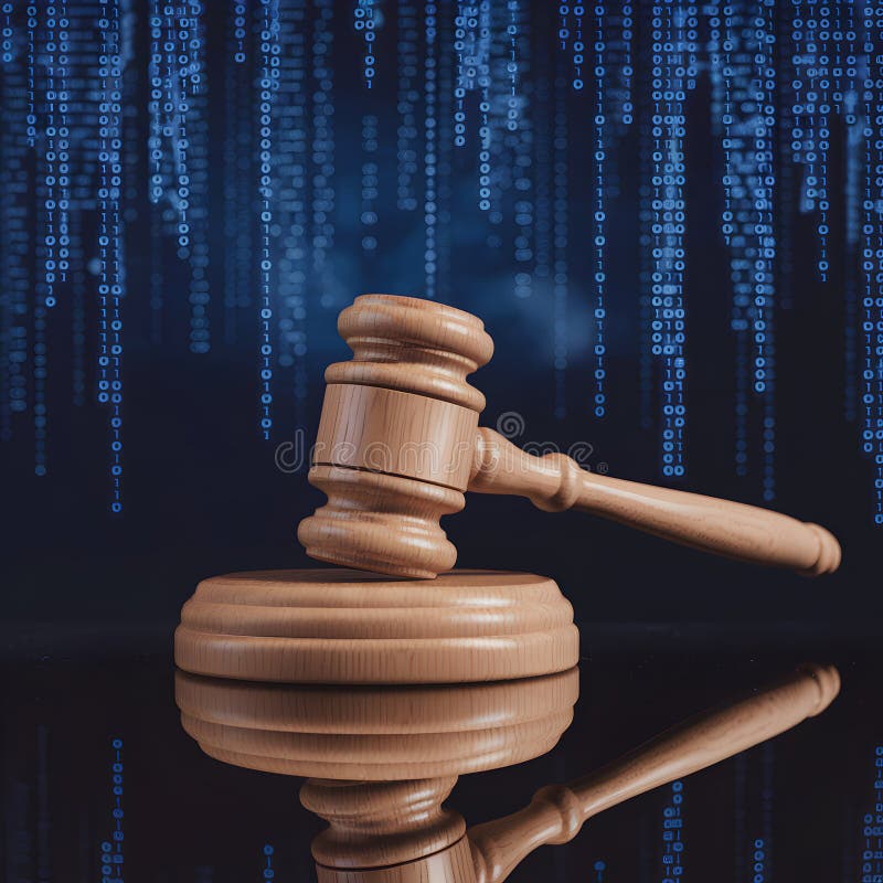 Wooden Gavel on Reflective Surface, Digital Binary Code Backdrop, Law ...