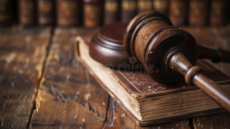 Wooden Gavel Resting on an Old Law Book on a Wooden Table Stock Photo ...