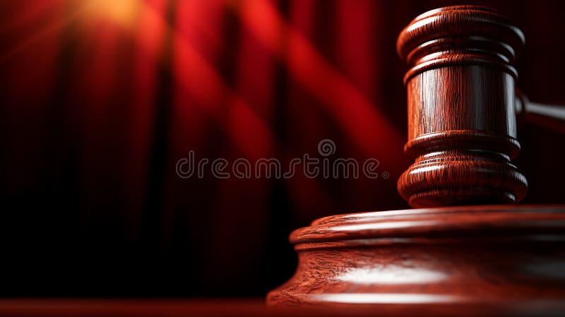 A Wooden Gavel Resting on a Smooth Surface, Dramatic Red Curtains in ...