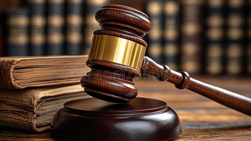 Courtroom Gavel Rests on Wooden Table Next To Stacked Law Books ...
