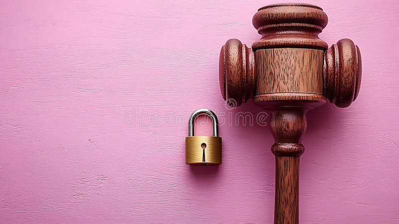 Wooden Gavel and Small Padlock on Pink Background Symbolize Justice and ...