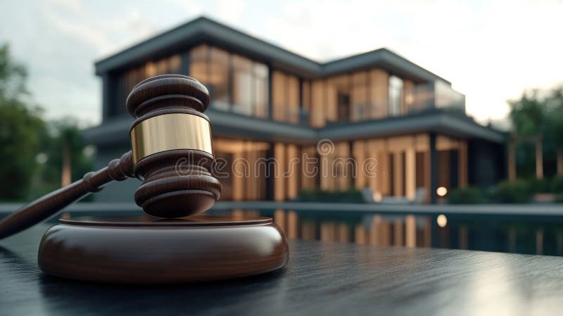 Wooden Gavel on Table with House Background - Wooden Gavel Placed on a ...