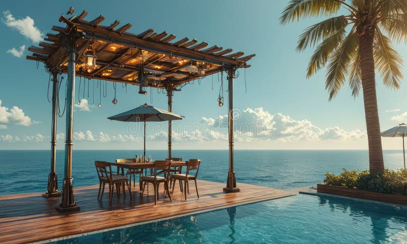 A Wooden Gazebo With A Table And Chairs Is Overlooking A Pool With A