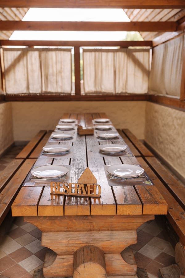 Wooden Gazebo with Table Setting Inside. Rustic Restaurant in Village ...