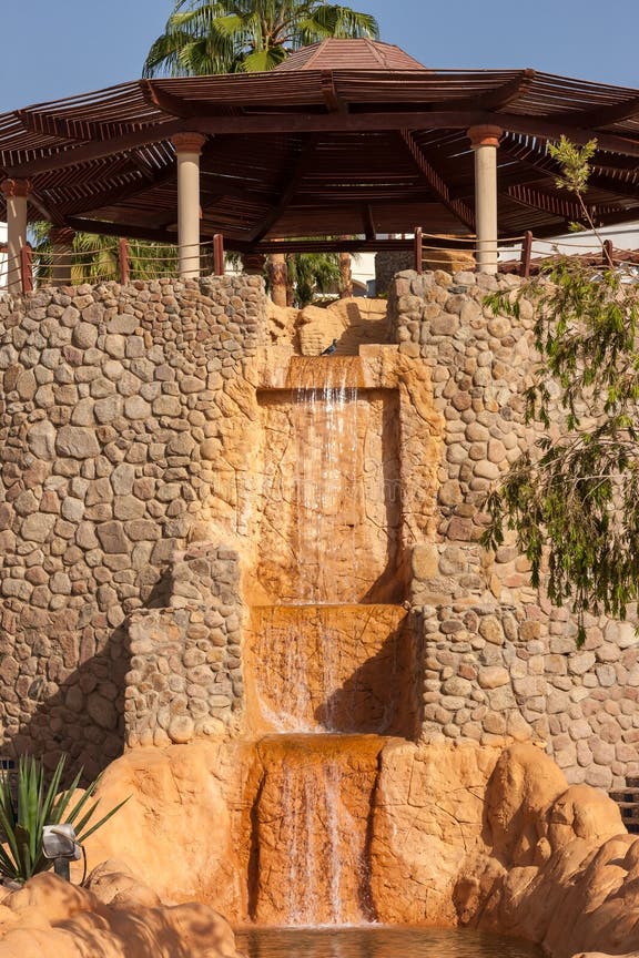 Wooden Gazebo with a Waterfall, Egypt Stock Image - Image of reflection ...