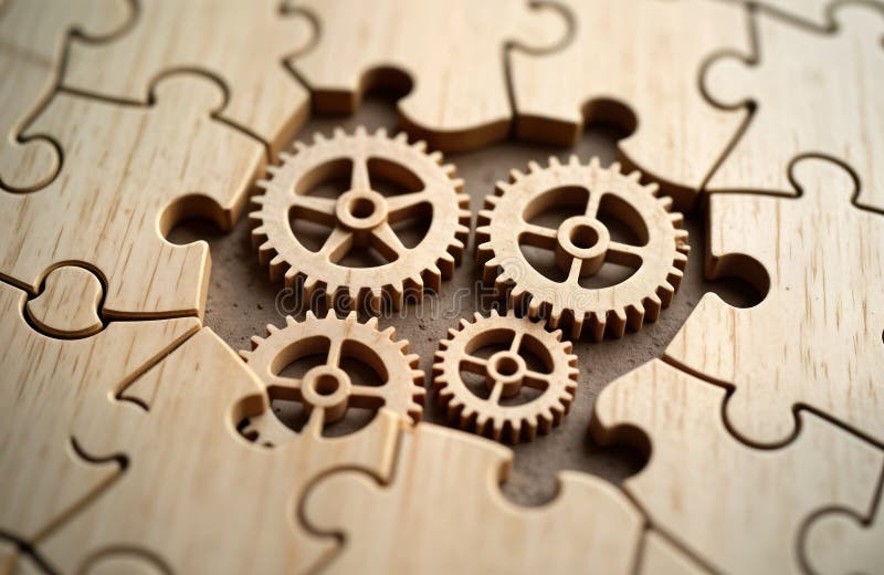 Wooden Gears Placed among Puzzle Pieces Represent Connection between Different Parts, Achieving ...