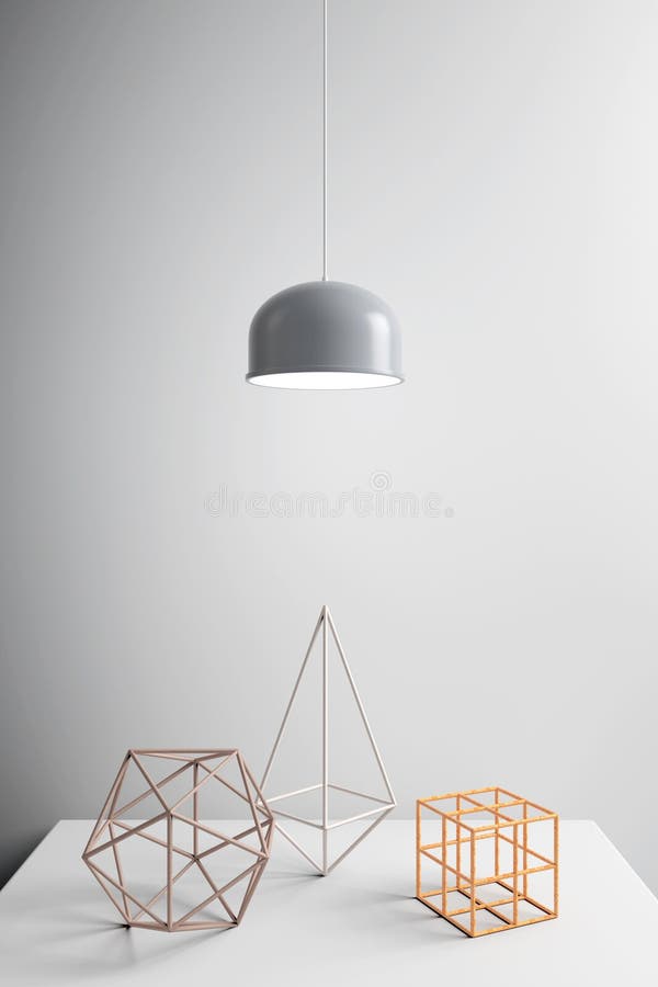 Wooden Geometric Shapes Under Metal Lamp. 3d Rendering Stock ...