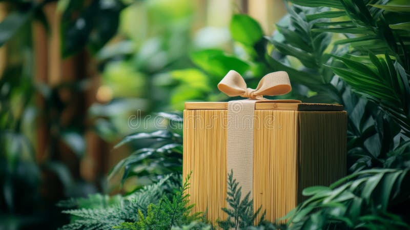 Wooden Gift Box with Beige Ribbon among Lush Greenery Stock ...