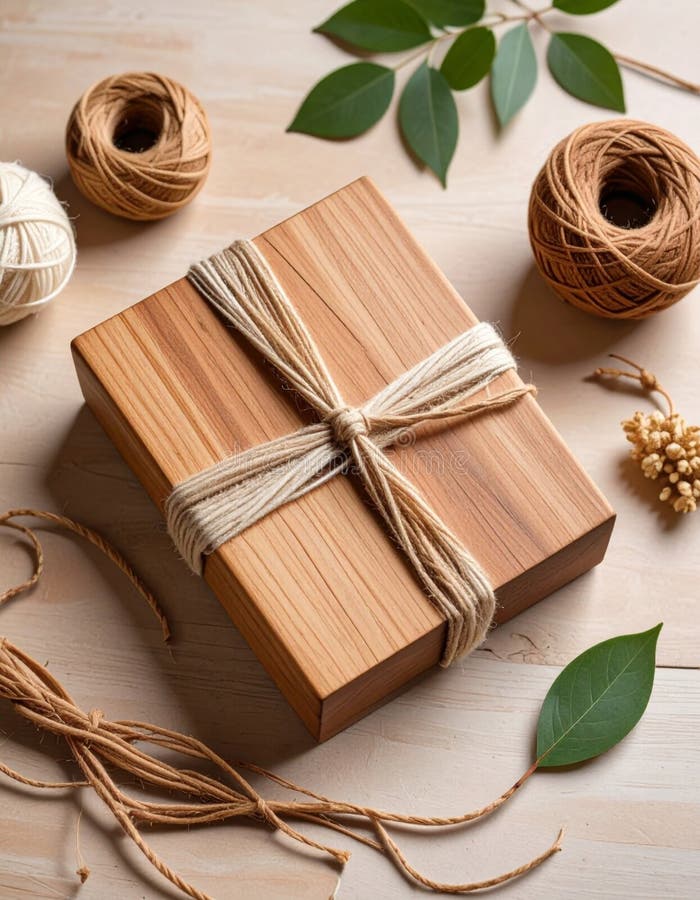 Wooden Gift Box with Natural String and Leaves Stock Illustration ...