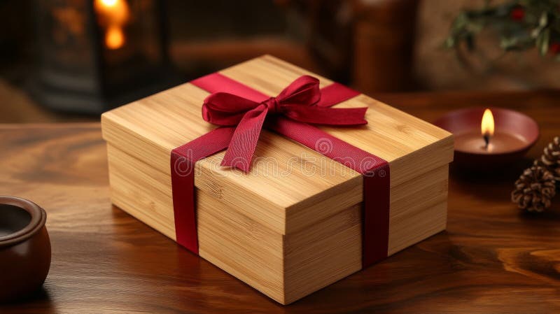 Wooden Gift Box with Red Ribbon Bow Stock Illustration - Illustration ...