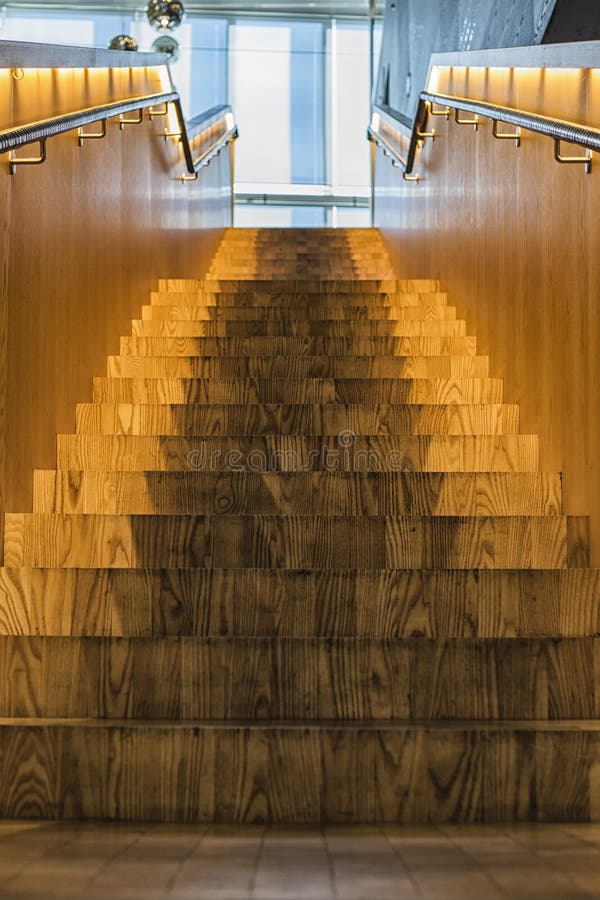 Wooden Going Up Stairs with Backlight Inside a Building Stock Image ...
