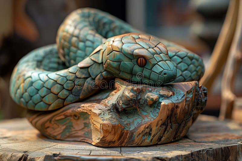 A Wooden Green Snake Statue Resting on Top of a Tree Stump in a Natural ...