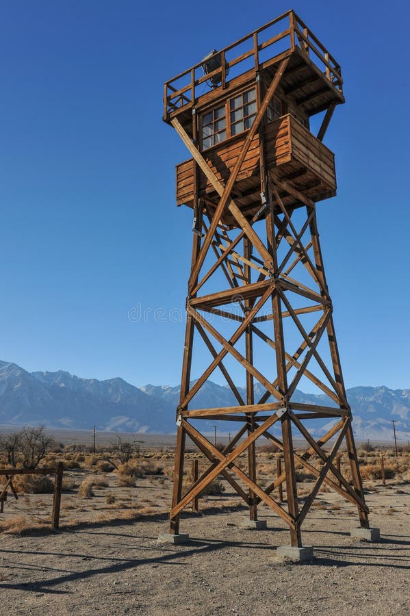 Wooden Guard Tower in Desert by Mountains Stock Photo - Image of view ...