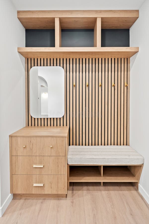 Wooden Hallway with a Bench and a Mirror Stock Photo - Image of estate ...