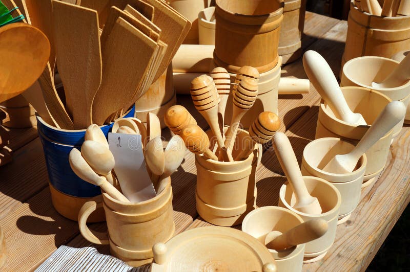 Wooden Handicraft Kitchenware. Handmade Utensils Stock Image - Image of ...
