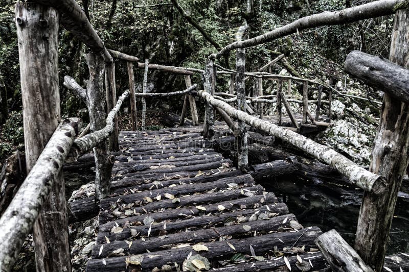 Wooden Handmade Bridge in the Forest. Stock Photo - Image of footpath ...
