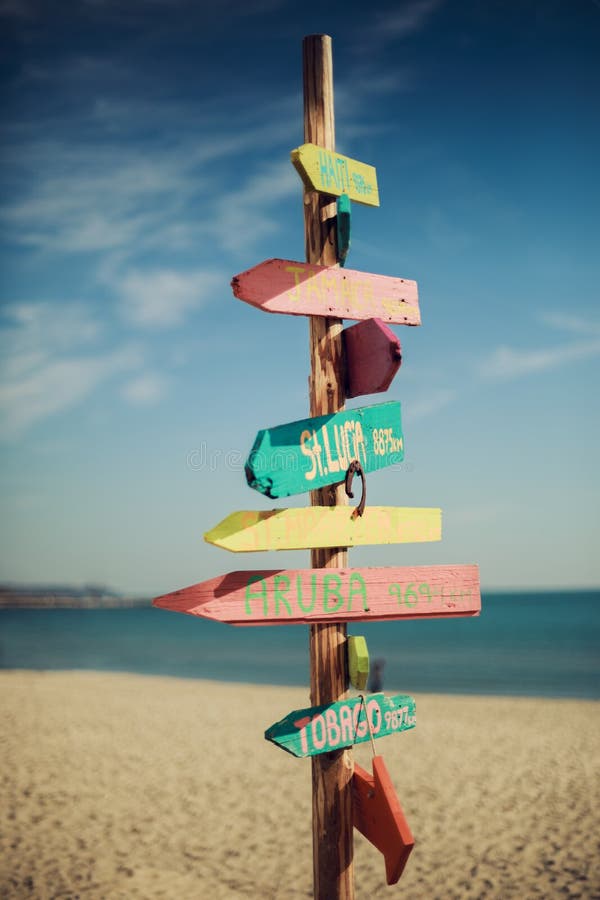 Wooden Handmade Signpost on the Tropic Beach. Stock Image - Image of ...