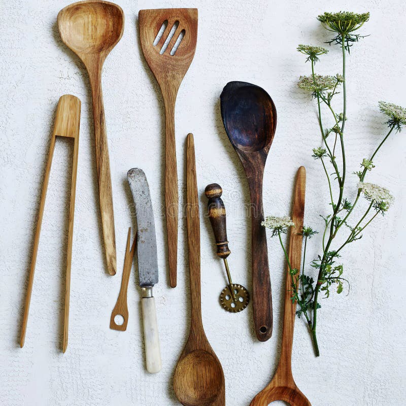 Wooden Handmade Utensils on the Table, Top View. Stock Photo - Image of ...