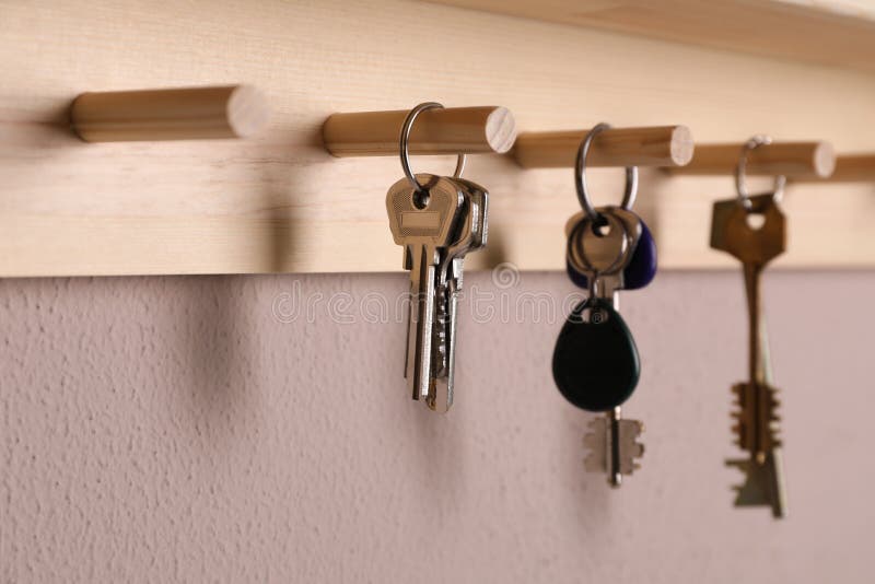 Wooden Hanger for Keys on Color Wall, Closeup Stock Image - Image of ...